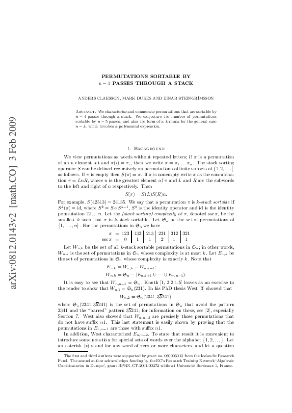 Pdf Permutations Sortable By N 4 Passes Through A Stack