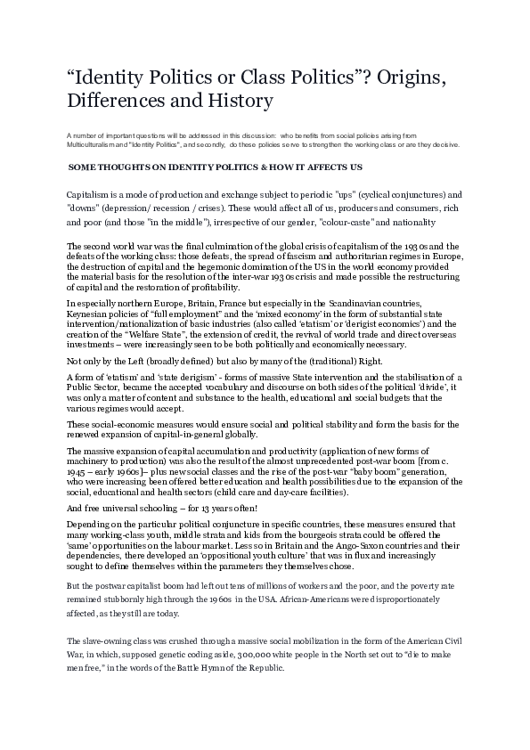 (PDF) “Identity Politics or Class Politics”? Origins, Differences and ...