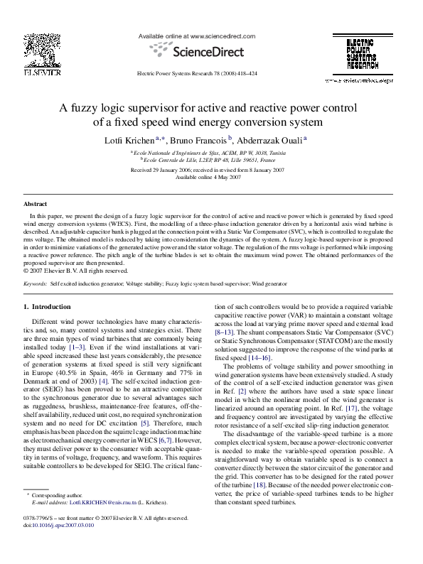 (PDF) A fuzzy logic supervisor for active and reactive power control of a fixed speed wind ...