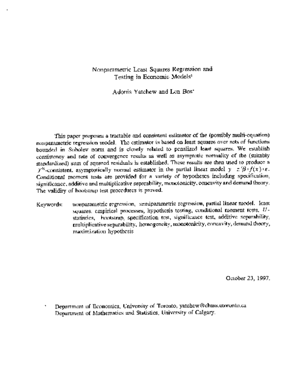 Pdf Nonparametric Least Squares Regression And Testing In Economic Models