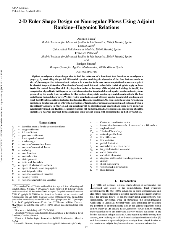 Pdf 2 D Euler Shape Design On Nonregular Flows Using Adjoint Rankine