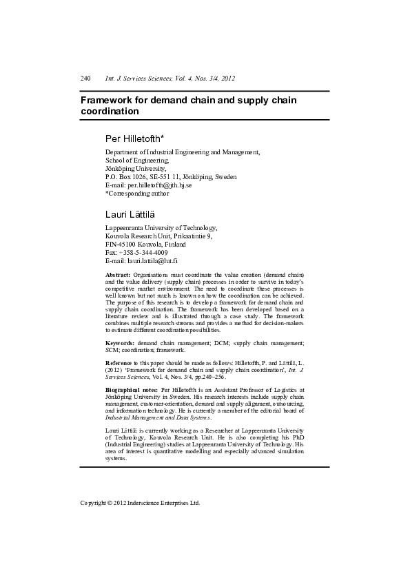 Pdf Framework For Demand Chain And Supply Chain Coordination