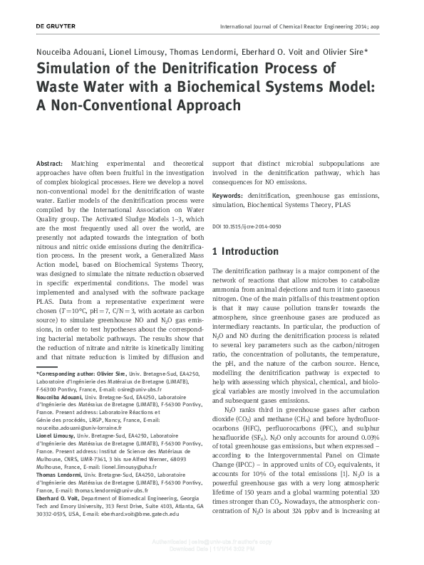 (PDF) Simulation of the Denitrification Process of Waste Water with a ...