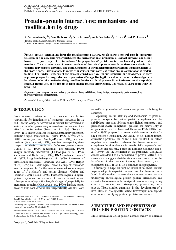 (PDF) Protein-protein interactions: mechanisms and modification by drugs