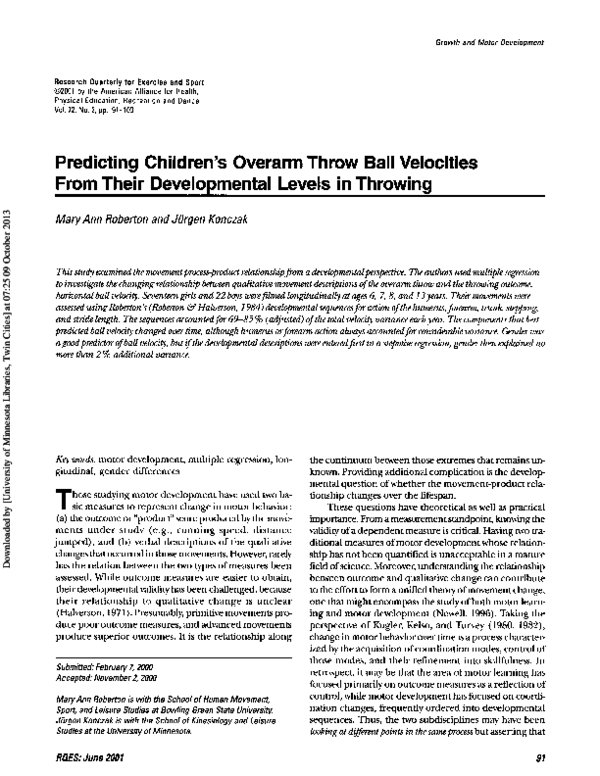(PDF) Predicting Children's Overarm Throw Ball Velocities from Their ...