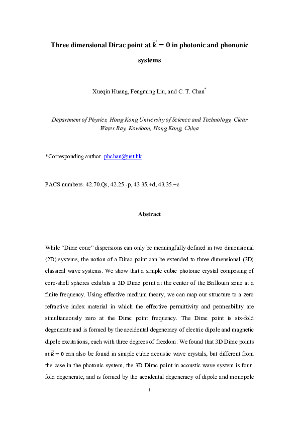 (PDF) Three dimensional Dirac point at k=0 in photonic and phononic systems