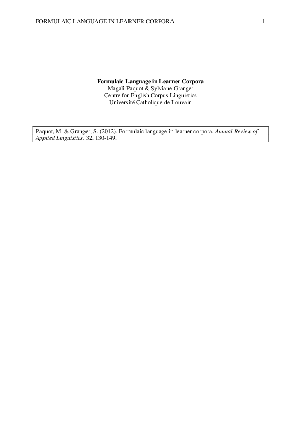 (PDF) Formulaic Language in Learner Corpora