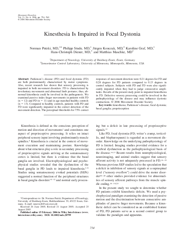 (PDF) Kinesthesia is Impaired in Focal Dystonia