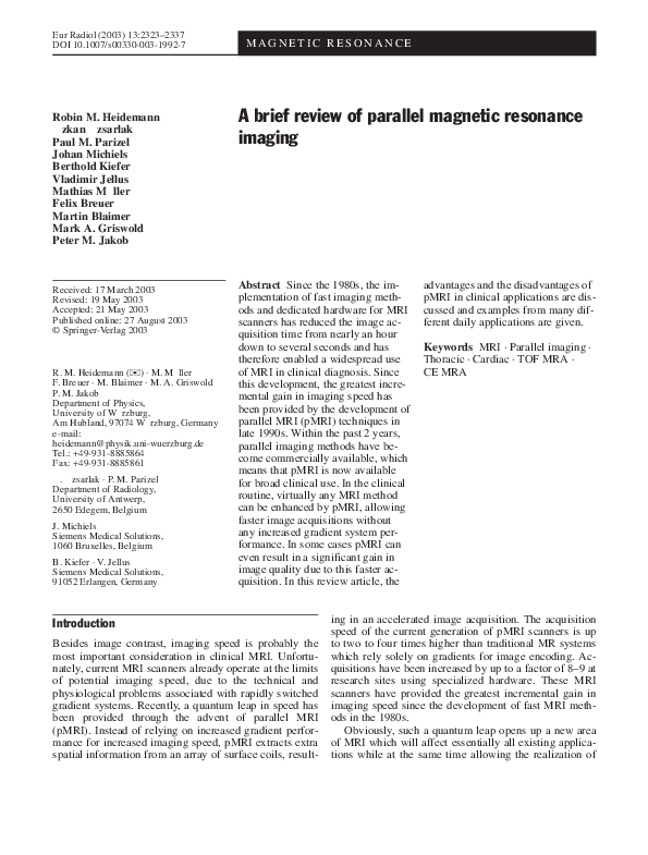 (PDF) A brief review of parallel magnetic resonance imaging | Felix ...