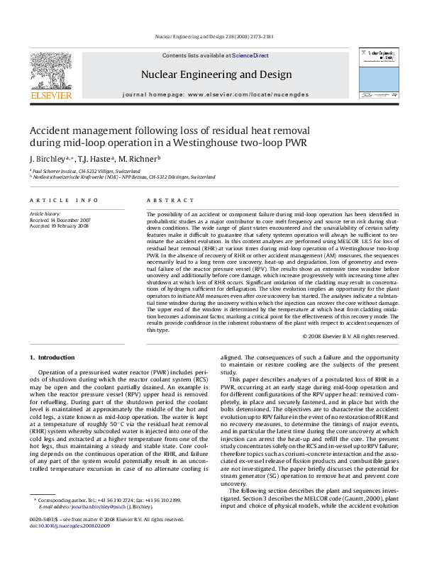 (PDF) Accident management following loss of residual heat removal ...