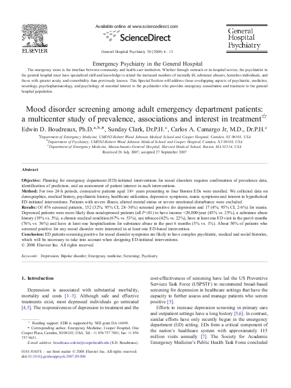 (PDF) Mood disorder screening among adult emergency department patients ...