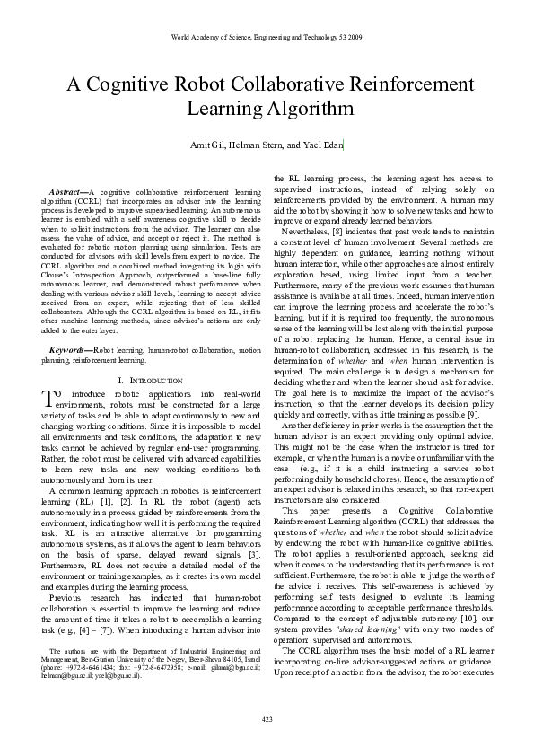 Pdf A Cognitive Robot Collaborative Reinforcement Learning Algorithm