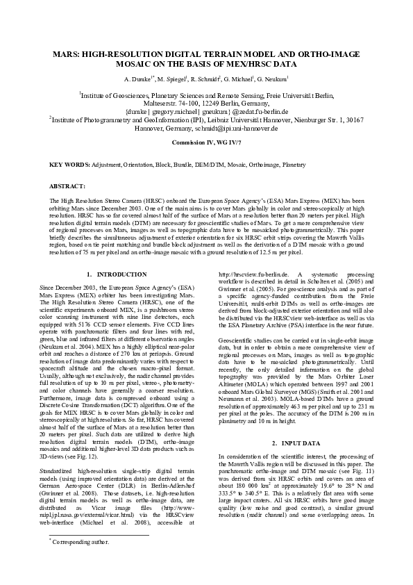 (PDF) MARS: HIGH-RESOLUTION DIGITAL TERRAIN MODEL AND ORTHOIMAGE MOSAIC ...