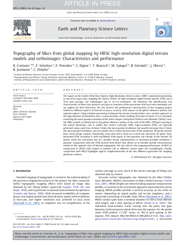 (PDF) Topography of Mars from global mapping by HRSC high-resolution ...