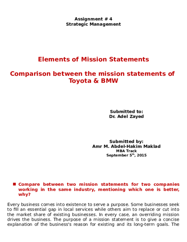 (DOC) Assignment 4 Elements of Mission Statements | Amr Maklad ...