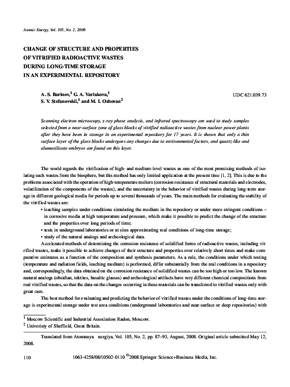 (PDF) Change of structure and properties of vitrified radioactive ...