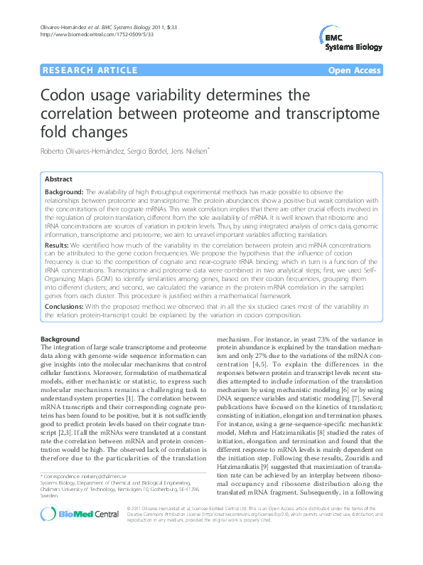 (PDF) Codon usage variability determines the correlation between proteome and transcriptome fold ...