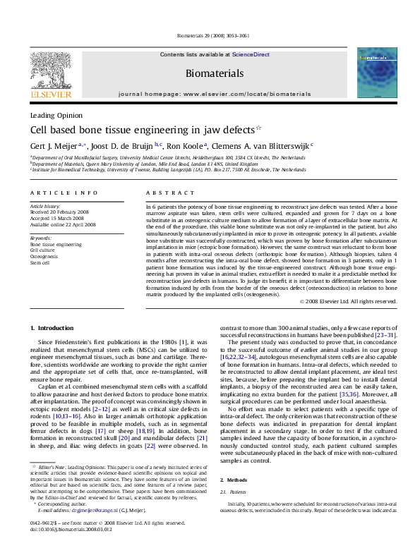 (PDF) Cell based bone tissue engineering in jaw defects