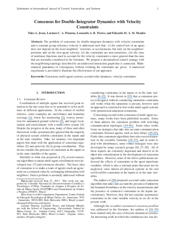 Pdf Consensus For Double Integrator Dynamics With Velocity Constraints