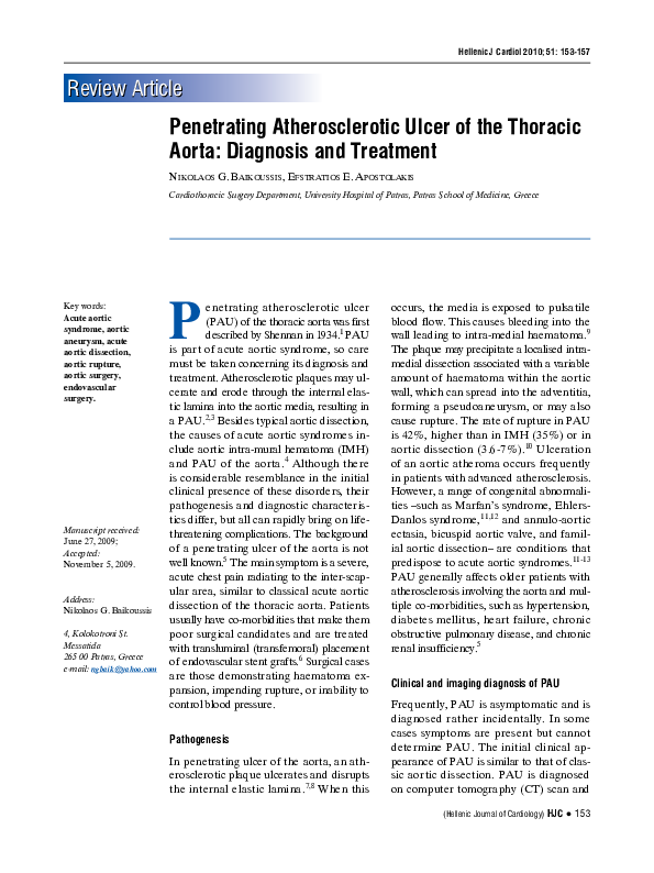 (PDF) Penetrating atherosclerotic ulcer of the thoracic aorta: Diagnosis and treatment