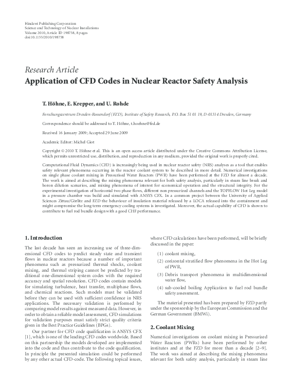 (PDF) Application of CFD Codes in Nuclear Reactor Safety Analysis