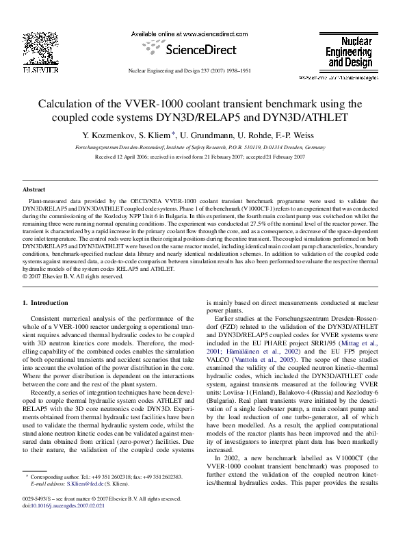 (PDF) Calculation of the VVER-1000 coolant transient benchmark using the coupled code systems ...