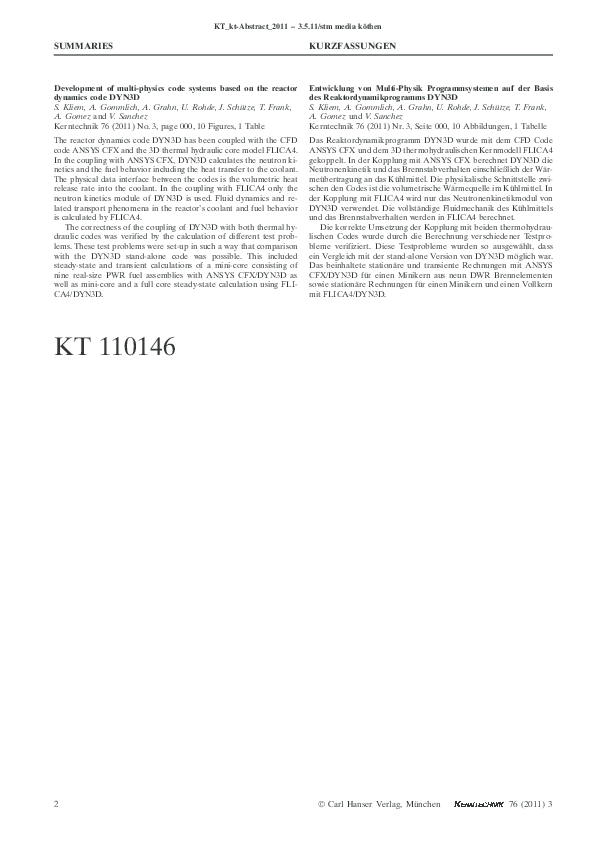 (PDF) Development of multi-physics code systems based on the reactor dynamics code DYN3D