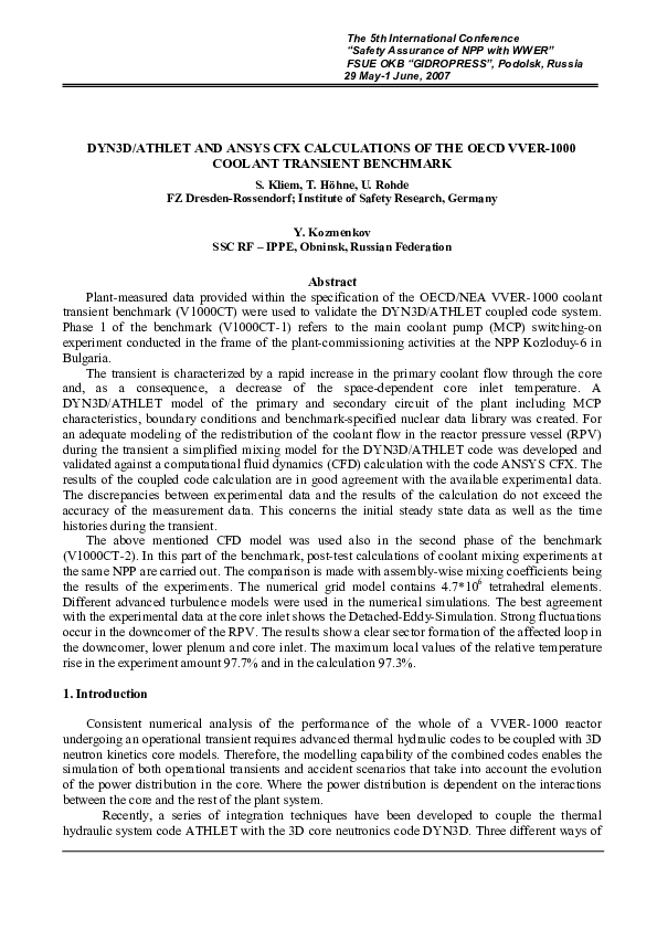 (PDF) DYN3D/ATHLET AND ANSYS CFX CALCULATIONS OF THE OECD VVER-1000 COOLANT TRANSIENT BENCHMARK