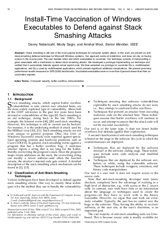 (PDF) Install-Time Vaccination of Windows Executables to Defend against Stack Smashing Attacks