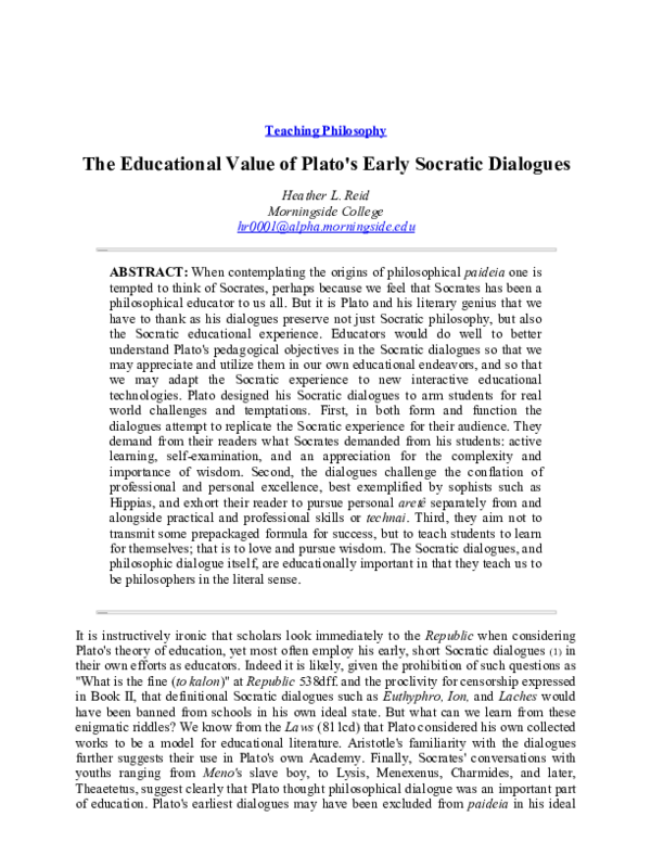 (PDF) The Educational Value of Plato's Early Socratic Dialogues