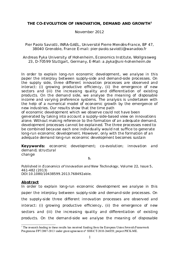(DOC) THE CO-EVOLUTION OF INNOVATION, DEMAND AND GROWTH