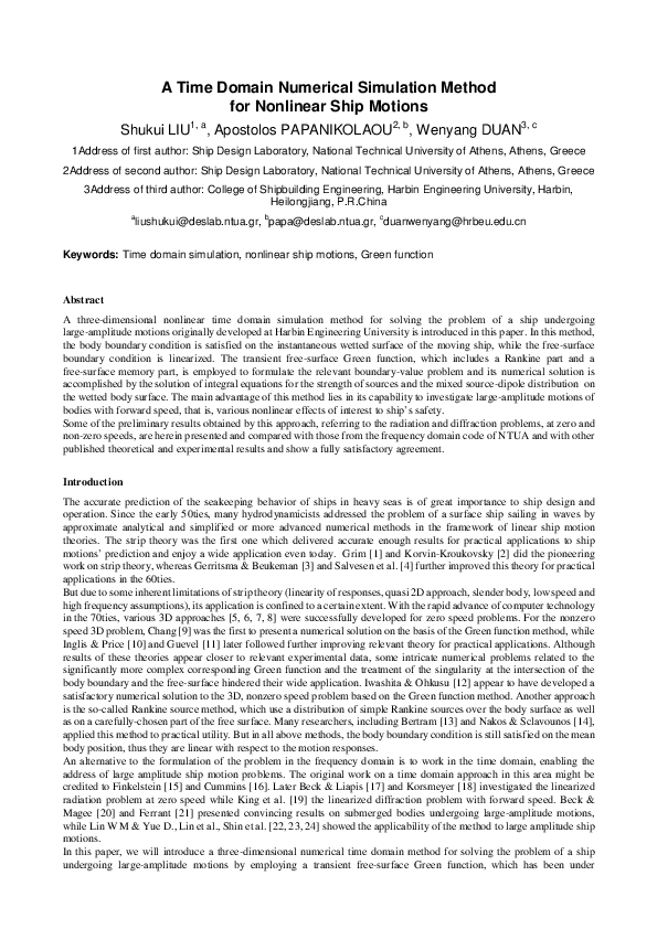 Pdf A Time Domain Numerical Simulation Method For Nonlinear Ship Motions