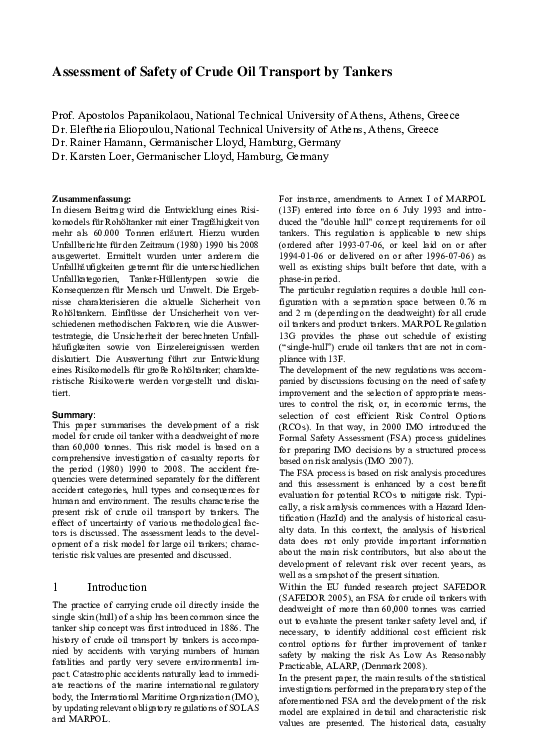 (PDF) Assessment of Safety of Crude Oil Transport by Tankers