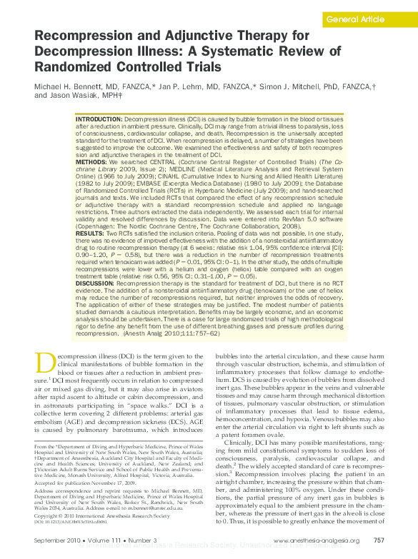 (PDF) Recompression and adjunctive therapy for decompression illness: A systematic review of ...