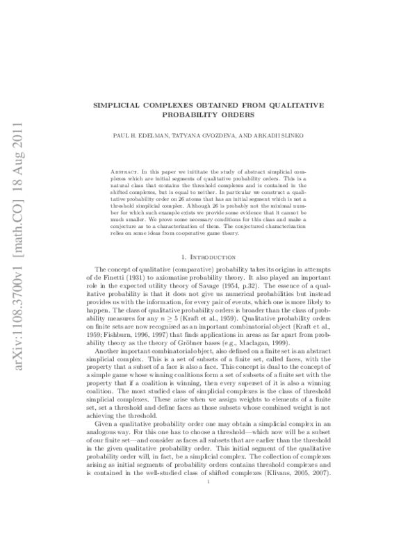 (PDF) Simplicial Complexes Obtained from Qualitative Probability Orders