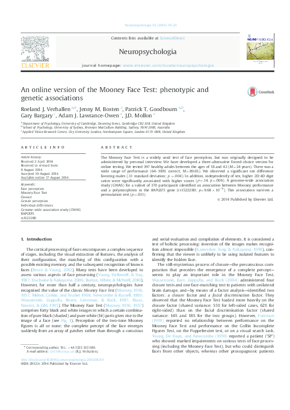(PDF) An online version of the Mooney Face Test: phenotypic and genetic ...