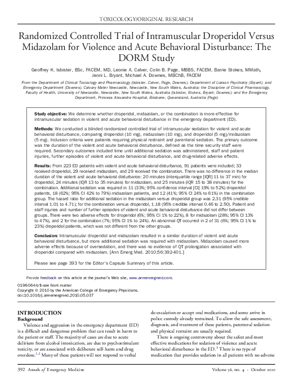 (PDF) Randomized Controlled Trial of Intramuscular Droperidol Versus ...