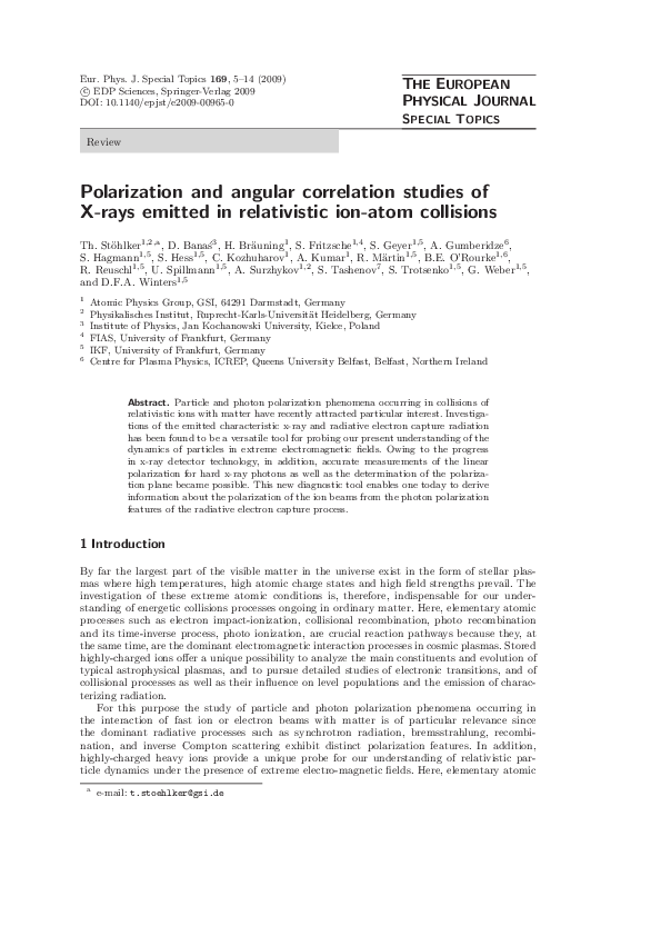 (PDF) Polarization and angular correlation studies of X-rays emitted in relativistic ion-atom ...