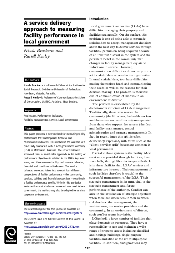 (PDF) A service delivery approach to measuring facility performance in local government