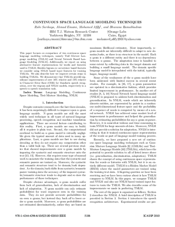 (PDF) Continuous space language modeling techniques