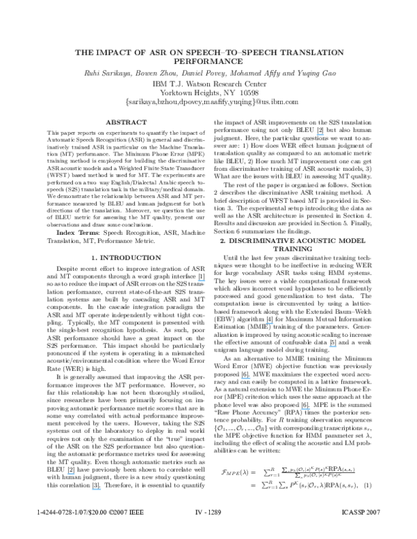(PDF) The Impact of ASR on Speech-to-Speech Translation Performance