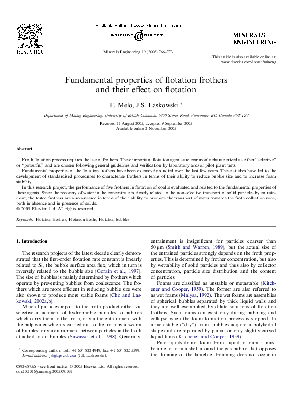 (PDF) Fundamental properties of flotation frothers and their effect on flotation