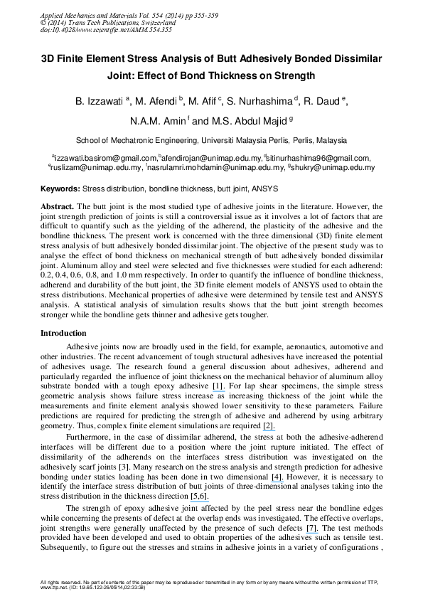 Pdf Three Dimensional Fe Model For Stress Analysis Of Adhesively Bonded Single Lap Joints With