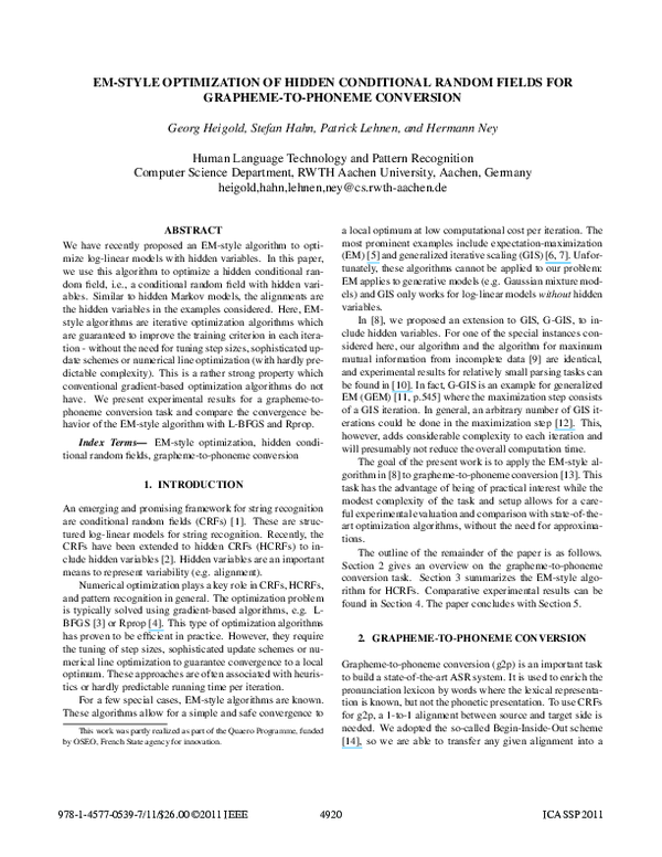 Pdf Em Style Optimization Of Hidden Conditional Random Fields For Grapheme To Phoneme