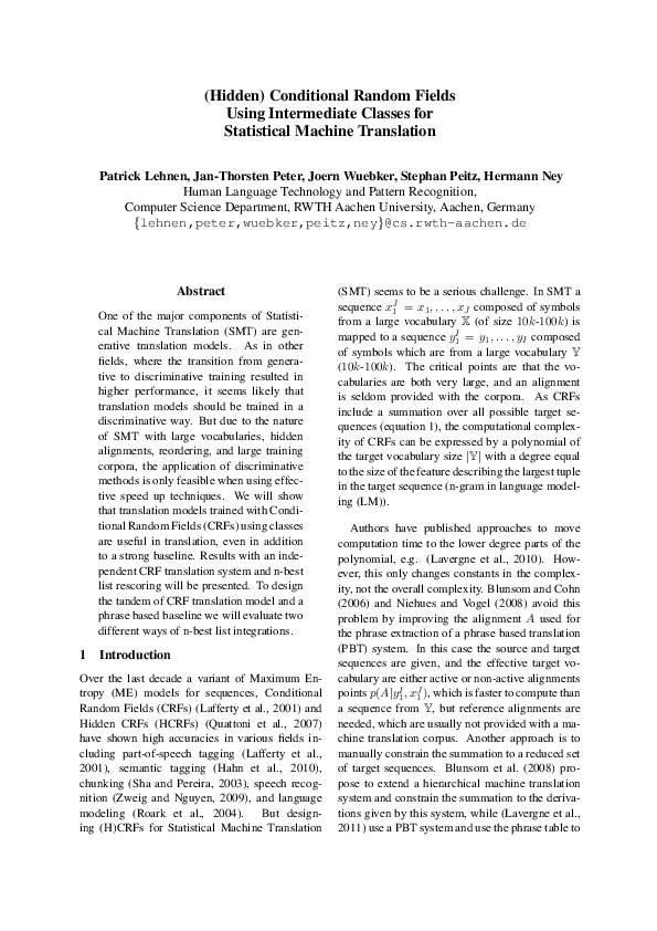 (PDF) (Hidden) Conditional Random Fields Using Intermediate Classes for Statistical Machine ...