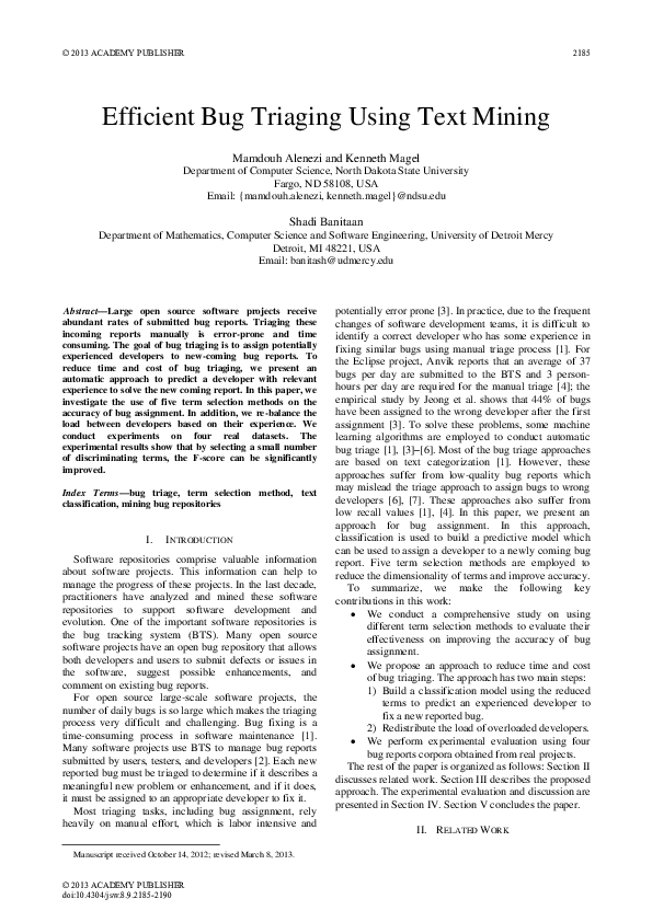 (PDF) Efficient Bug Triaging Using Text Mining