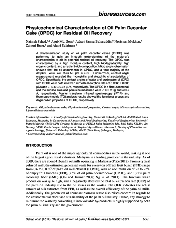 (PDF) Physicochemical characterization of oil palm decanter cake (OPDC ...