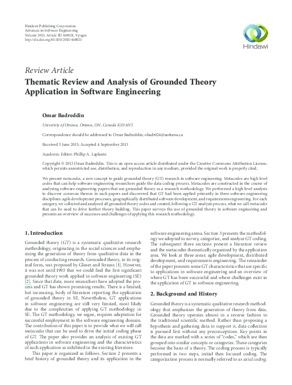 (PDF) Thematic Review and Analysis of Grounded Theory Application in Software Engineering
