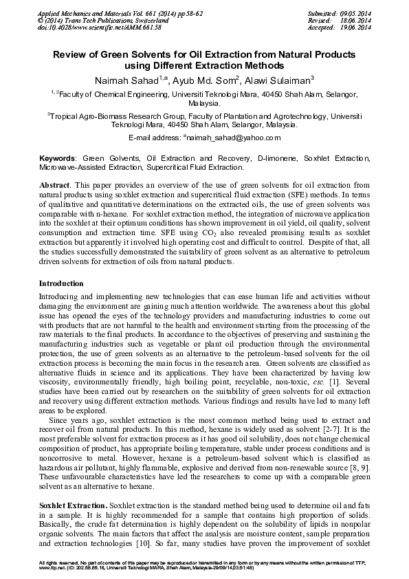 (PDF) Review of green solvents for oil extraction from natural products ...