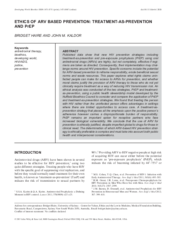 (PDF) Ethics of ARV Based Prevention: Treatment-as-Prevention and PrEP